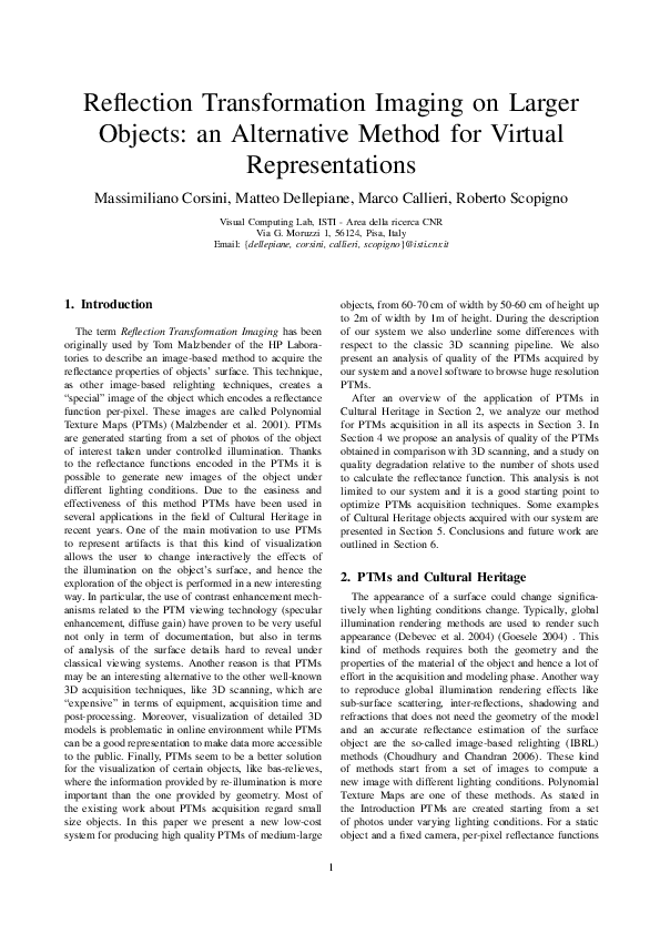 Pdf Reflection Transformation Imaging On Larger Objects An Alternative Method For Virtual