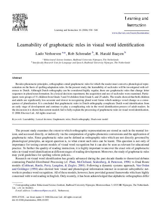 (PDF) Learnability of graphotactic rules in visual word identification