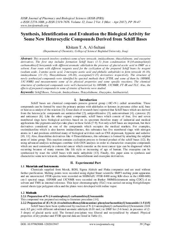 (PDF) Synthesis, Identification and Evaluation the Biological Activity for Some New Heterocyclic ...