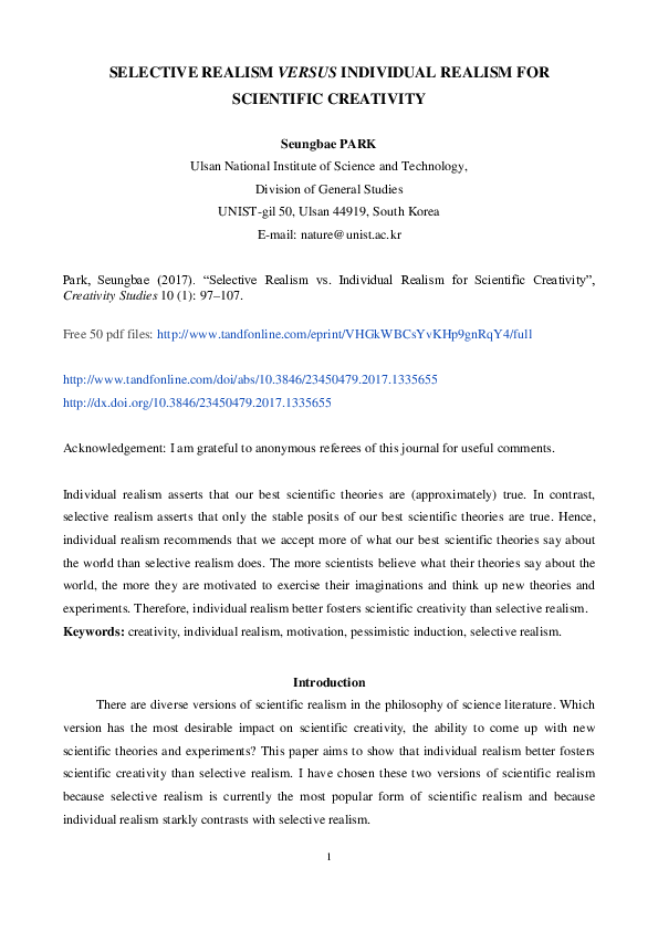(PDF) Selective Realism vs. Individual Realism for Scientific Creativity
