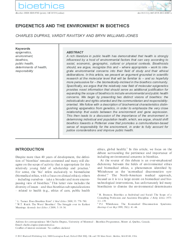 (PDF) Epigenetics and the Environment in Bioethics