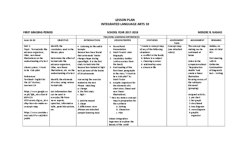 (DOC) LESSON PLAN INTEGRATED LANGUAGE ARTS 10 FIRST GRADING PERIOD ...