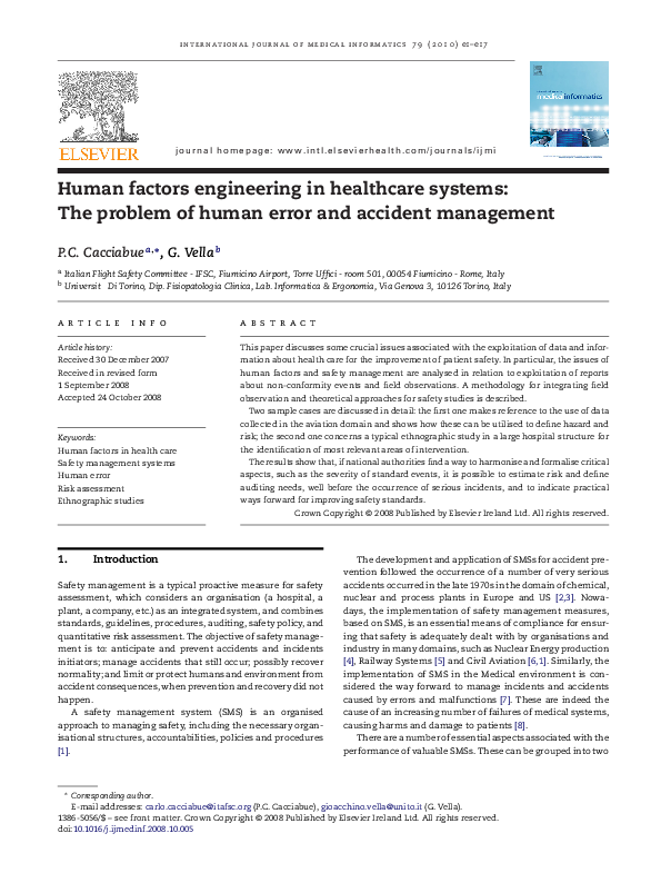 (PDF) Human factors engineering in healthcare systems: The problem of ...