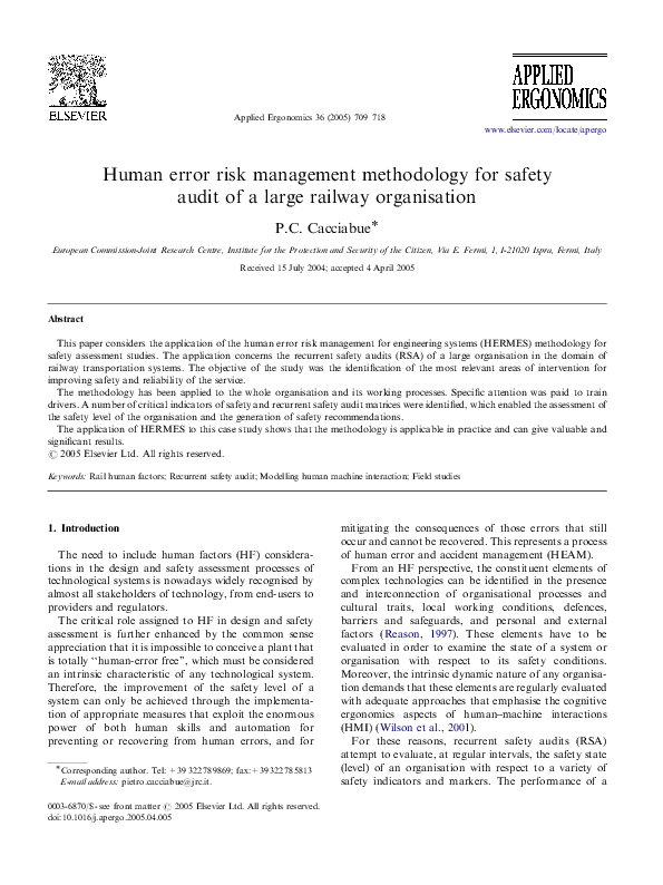 (PDF) Human error risk management methodology for safety audit of a ...