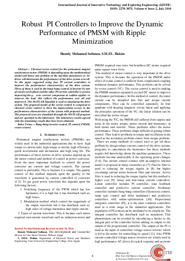 Pdf Robust Pi Controllers To Improve The Dynamic Performance Of Pmsm With Ripple Minimization