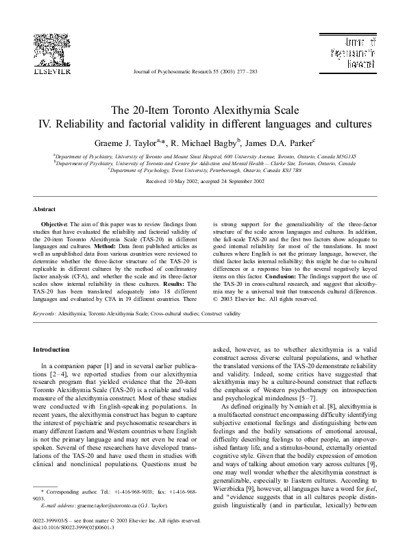 (PDF) The 20-Item Toronto Alexithymia Scale IV. Reliability and ...
