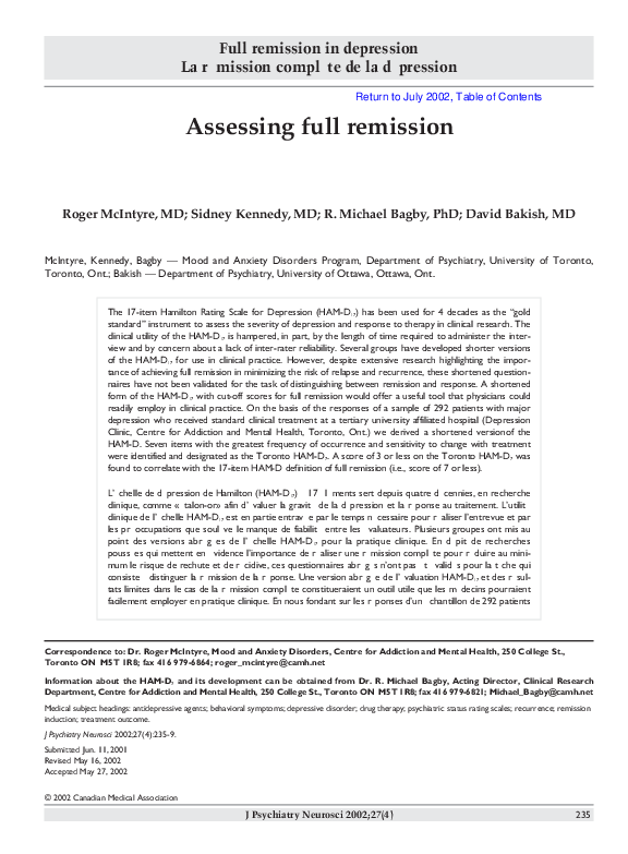 (PDF) Full remission in depression -Assessing full remission