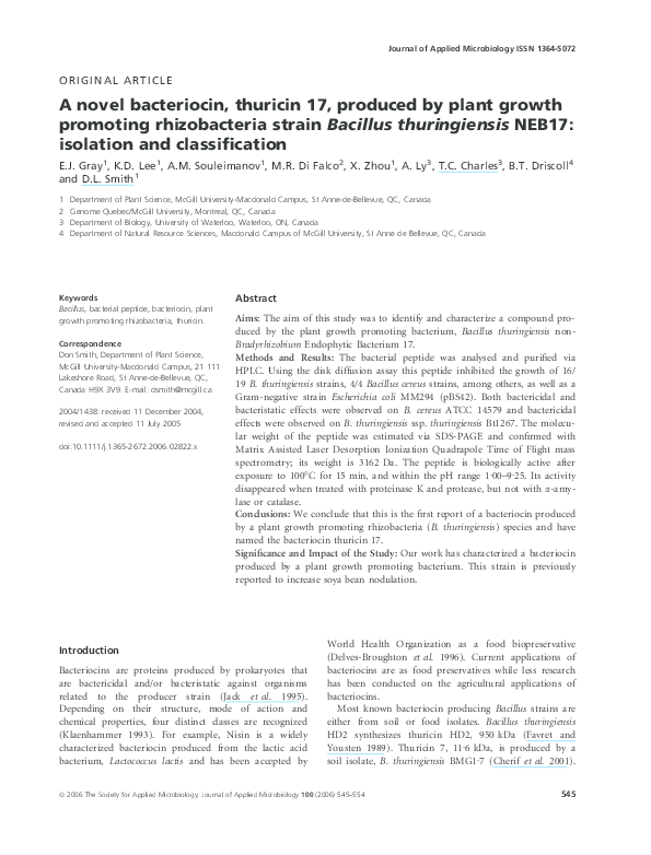 (PDF) A novel bacteriocin, thuricin 17, produced by plant growth ...