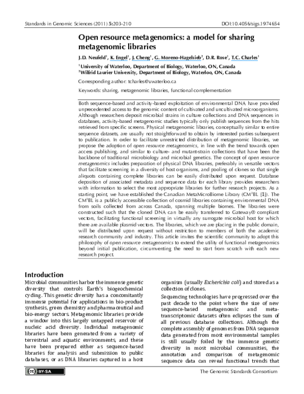 (PDF) Open resource metagenomics: a model for sharing metagenomic libraries