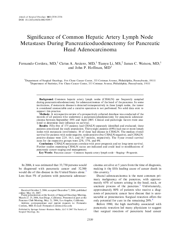 (PDF) Significance of Common Hepatic Artery Lymph Node Metastases ...