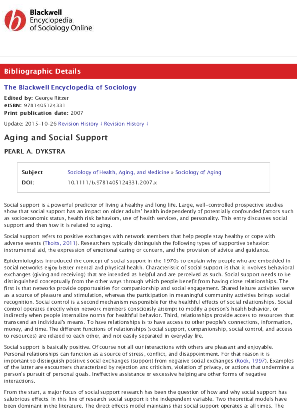 (PDF) Aging and Social Support Aging and Social Support