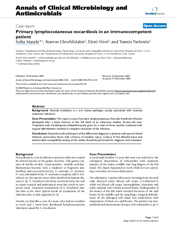 (PDF) Primary lymphocutaneous nocardiosis in an immunocompetent patient