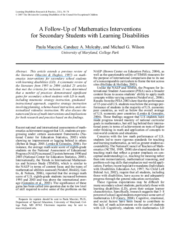 (PDF) A Follow-Up of Mathematics Interventions for Secondary Students with Learning Disabilities
