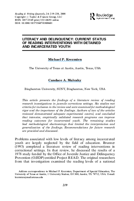 (PDF) Literacy and Delinquency: Current Status of Reading Interventions ...