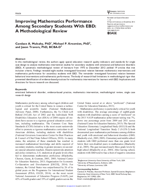 (PDF) Improving Mathematics Performance Among Secondary Students With EBD: A Methodological Review