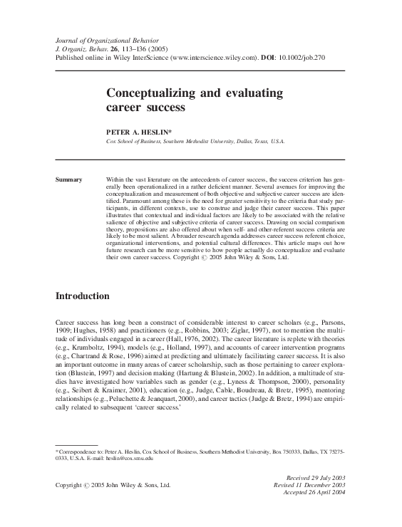 (PDF) Conceptualizing and Evaluating Career Success