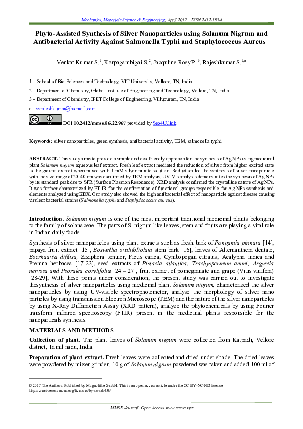 (PDF) Phyto-Assisted Synthesis of Silver Nanoparticles using Solanum Nigrum and Antibacterial ...