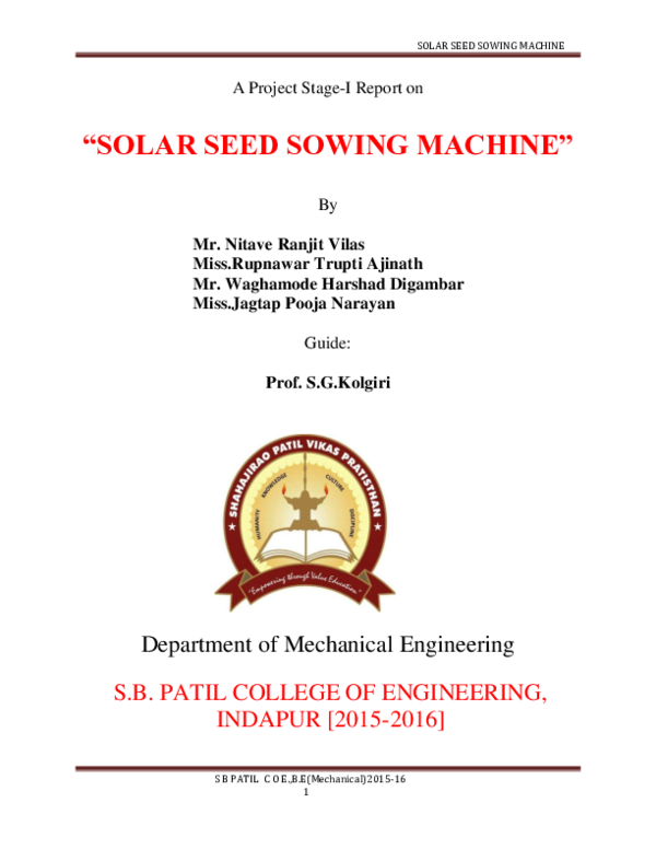(PDF) SOLAR SEED SOWING MACHINE A Project Stage-I Report on " SOLAR ...