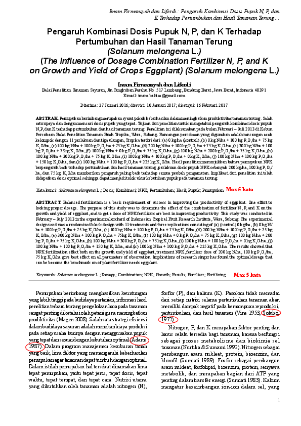 (PDF) Pengaruh Kombinasi Dosis Pupuk N, P, dan K Terhadap Pertumbuhan dan Hasil Tanaman Terung ...