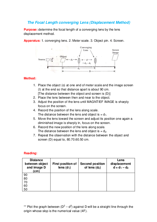 (PDF) The Focal Length converging Lens (Displacement Method