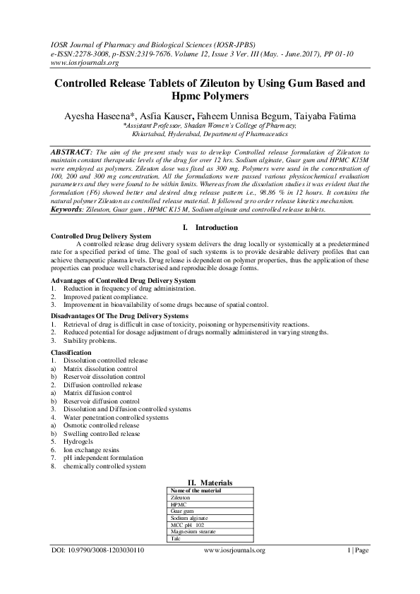 (PDF) Controlled Release Tablets of Zileuton by Using Gum Based and ...