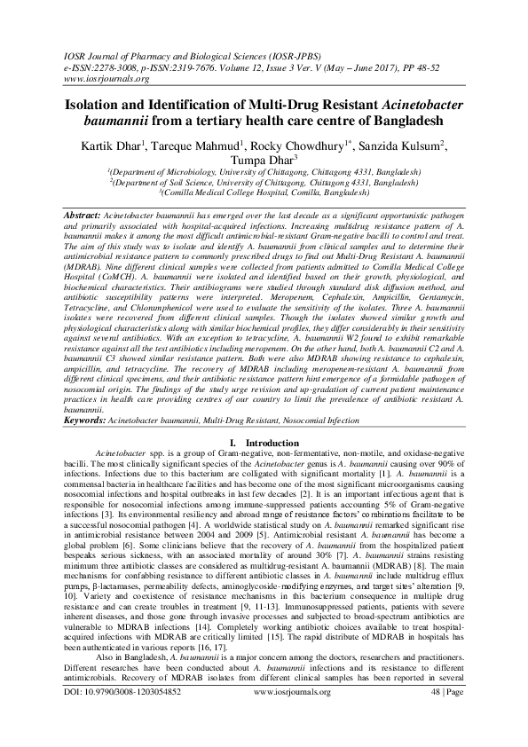 (PDF) Isolation and Identification of Multi-Drug Resistant Acinetobacter baumannii from a ...