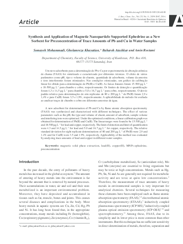(PDF) Synthesis and Application of Magnetic Nanoparticle Supported Ephedrine as a New Sorbent ...