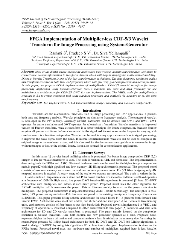 Pdf Fpga Implementation Of Multiplier Less Cdf 53 Wavelet Transform