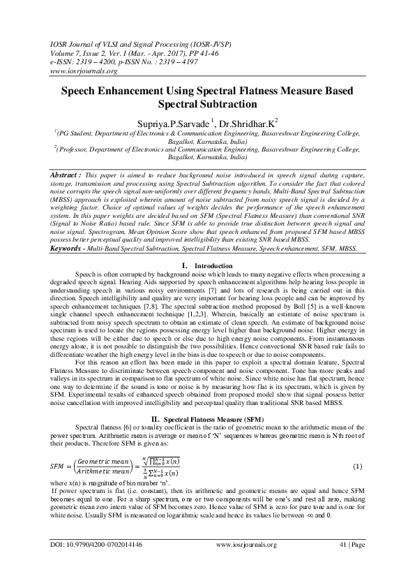 Pdf Speech Enhancement Using Spectral Flatness Measure Based Spectral Subtraction