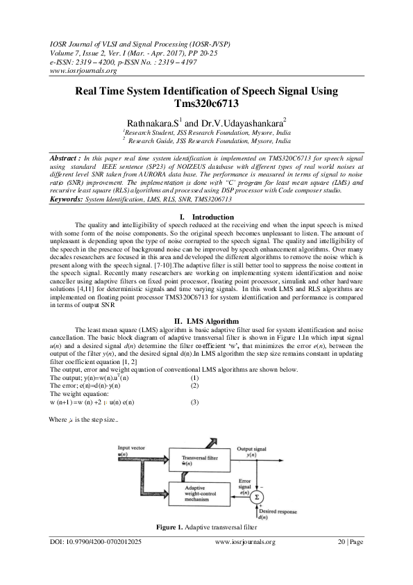(PDF) Real Time System Identification of Speech Signal Using Tms320c6713