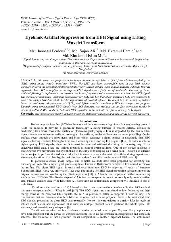 (PDF) Eyeblink Artifact Suppression from EEG Signal using Lifting Wavelet Transform