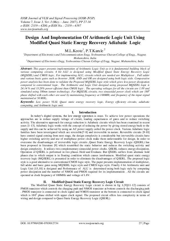 Pdf Design And Implementation Of Arithmetic Logic Unit Using Modified Quasi Static Energy