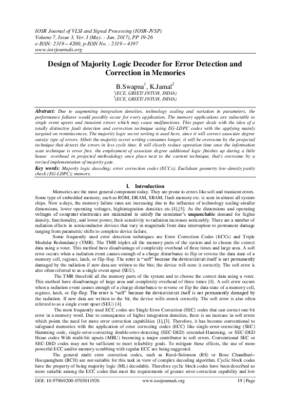 Pdf Design Of Majority Logic Decoder For Error Detection And