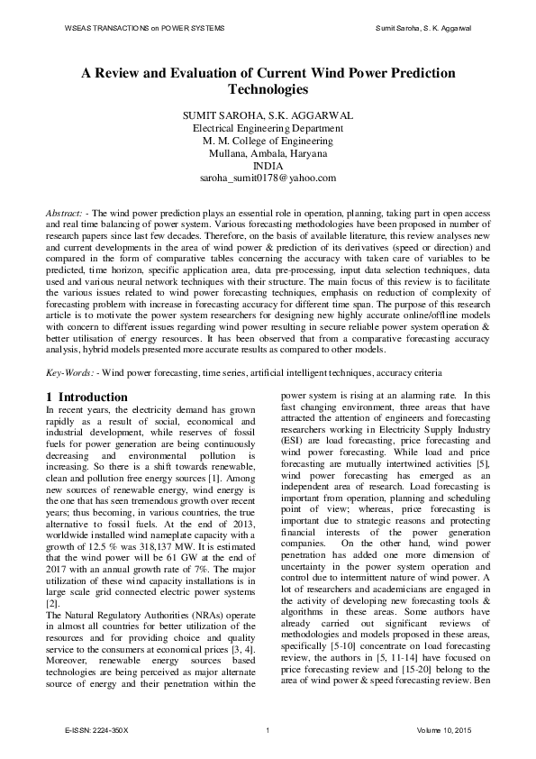 Pdf A Review And Evaluation Of Current Wind Power Prediction Technologies