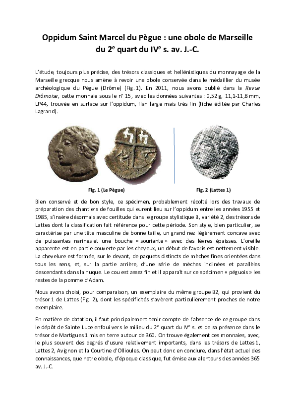 (PDF) Oppidum Saint Marcel du Pègue : une obole de Marseille du 2e ...