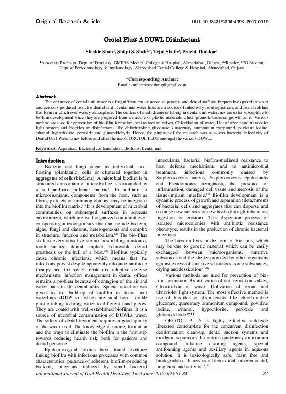 (PDF) Orotol Plus: A DUWL Disinfectant