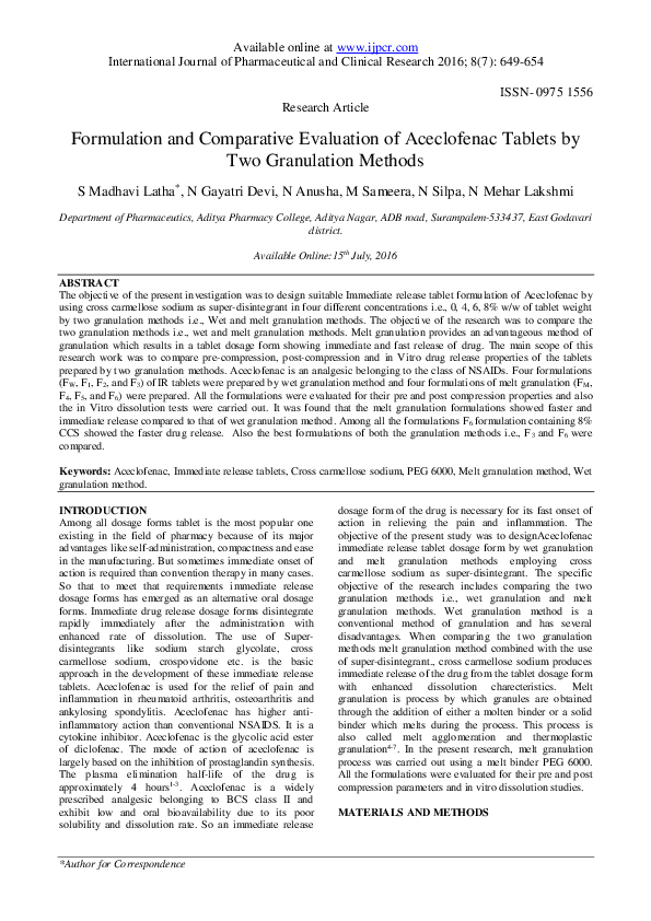 Pdf Formulation And Comparative Evaluation Of Aceclofenac Tablets By Two Granulation Methods