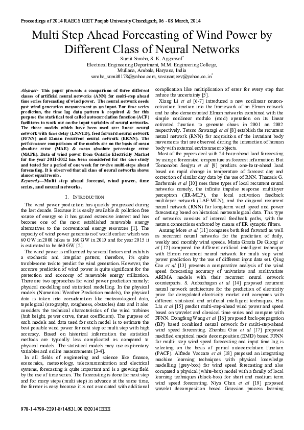 Pdf Multi Step Ahead Forecasting Of Wind Power By Different Class Of Neural Networks Sumit