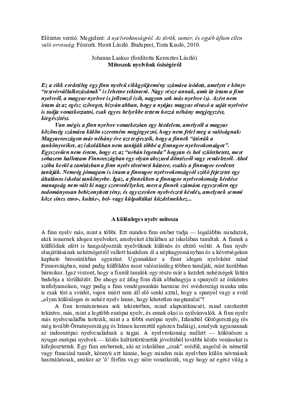 (PDF) Mítoszok a finn nyelv ősiségéről