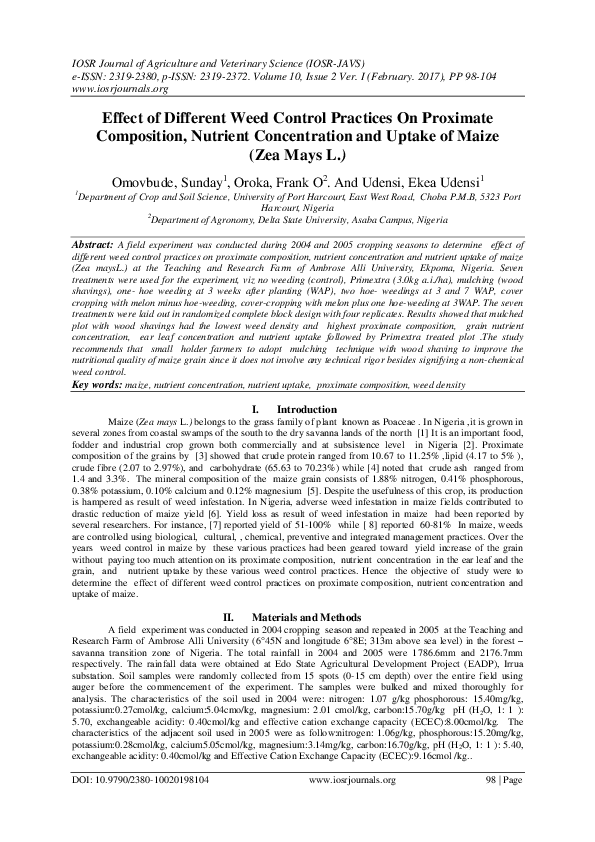 Pdf Effect Of Different Weed Control Practices On Proximate Composition Nutrient