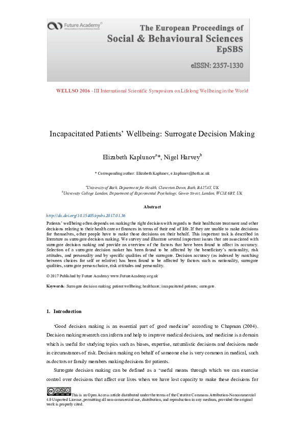 (PDF) Incapacitated Patients' Wellbeing: Surrogate Decision Making