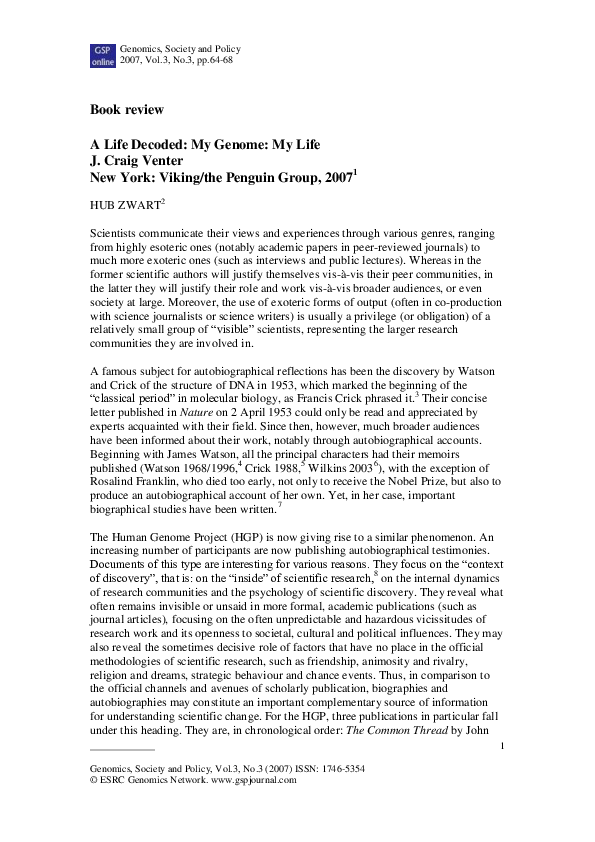 (PDF) Craig Venter (2007) - A Life Decoded: My Genome: My Life - Book ...
