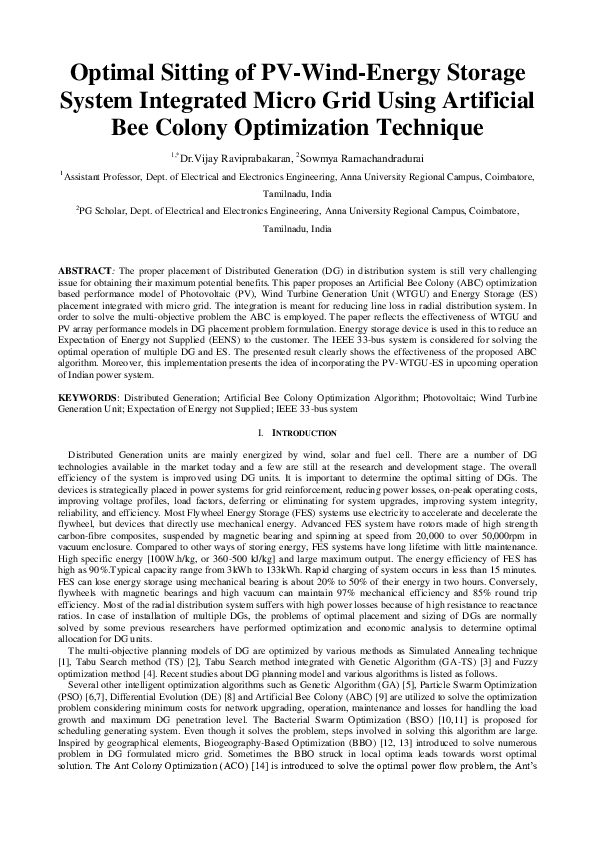 (PDF) Optimal Sitting of PV-Wind-Energy Storage System Integrated Micro Grid Using Artificial ...