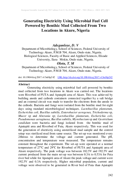 (PDF) Electricity Generation via Microbial Fuel Cells