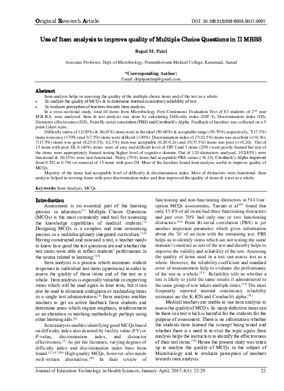 (PDF) Use of Item analysis to improve quality of Multiple Choice Questions in II MBBS