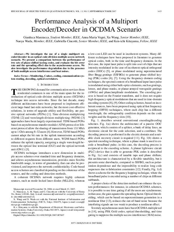 Pdf Performance Analysis Of A Multiport Encoderdecoder In Ocdma Scenario