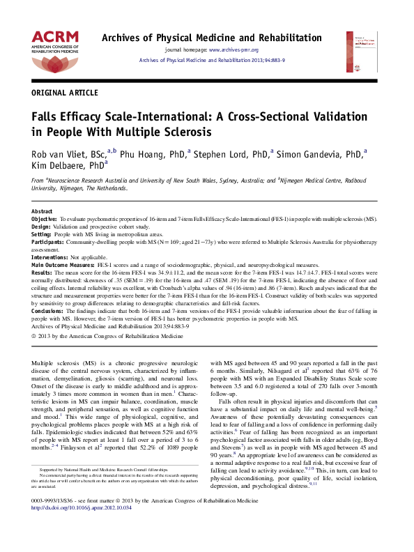 (PDF) Falls Efficacy Scale-International: A Cross-Sectional Validation ...
