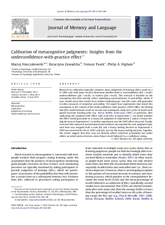 (PDF) Calibration of metacognitive judgments: Insights from the underconfidence-with-practice effect