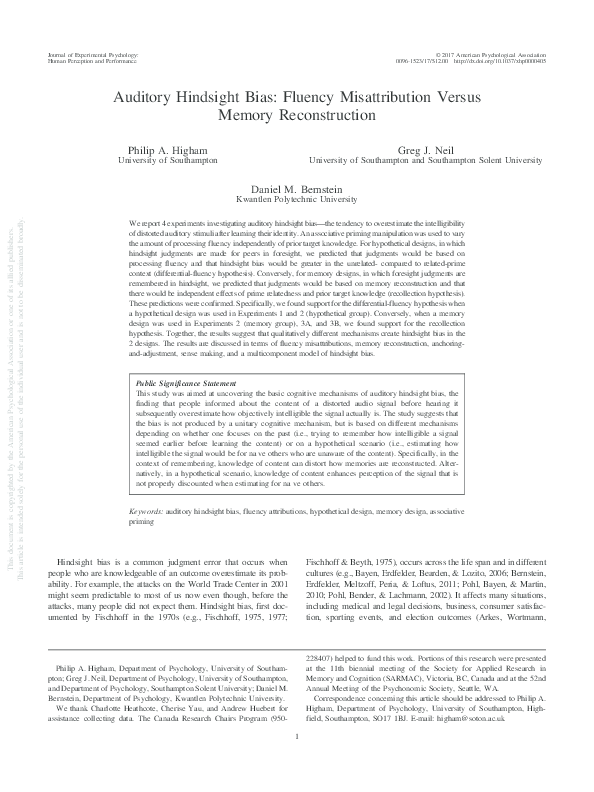 Pdf Auditory Hindsight Bias Fluency Misattribution Versus Memory