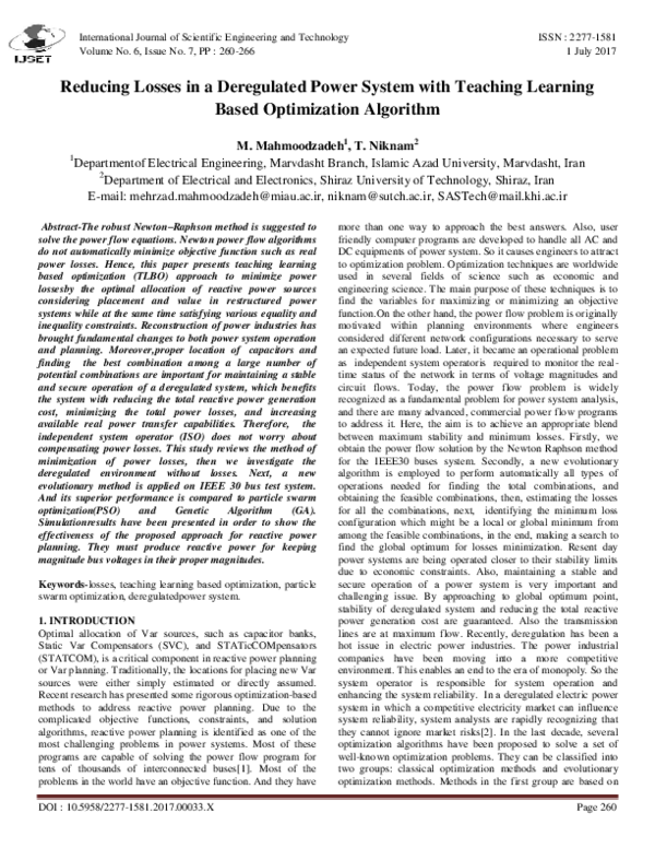 (PDF) Reducing Losses in a Deregulated Power System with Teaching ...